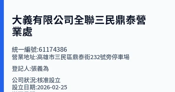 大義有限公司全聯三民鼎泰營業處的照片-統編 61174386(高雄市) 公司登記資料與營業項目詳細圖表