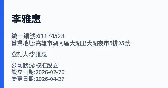 李雅惠的照片-統編 61174528(高雄市) 公司登記資料與營業項目詳細圖表