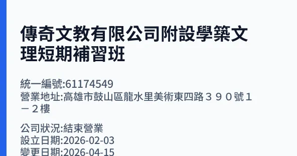 傳奇文教有限公司附設學築文理短期補習班的照片-統編 61174549(高雄市) 公司登記資料與營業項目詳細圖表