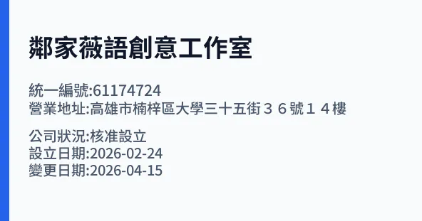 鄰家薇語創意工作室的照片-統編 61174724(高雄市) 公司登記資料與營業項目詳細圖表