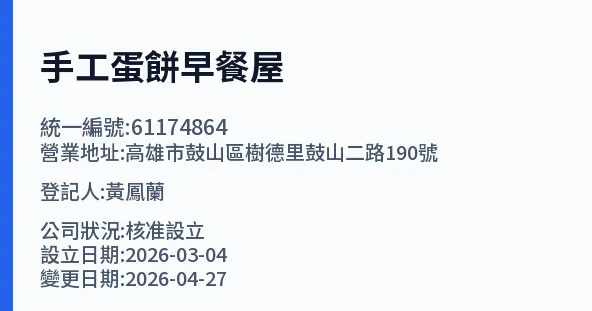 手工蛋餅早餐屋的照片-統編 61174864(高雄市) 公司登記資料與營業項目詳細圖表