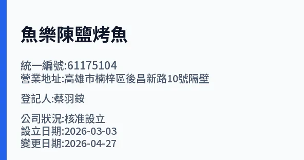 魚樂陳鹽烤魚的照片-統編 61175104(高雄市) 公司登記資料與營業項目詳細圖表