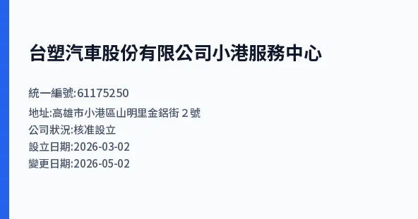 台塑汽車股份有限公司小港服務中心的照片-統編 61175250(高雄市) 公司登記資料與營業項目詳細圖表