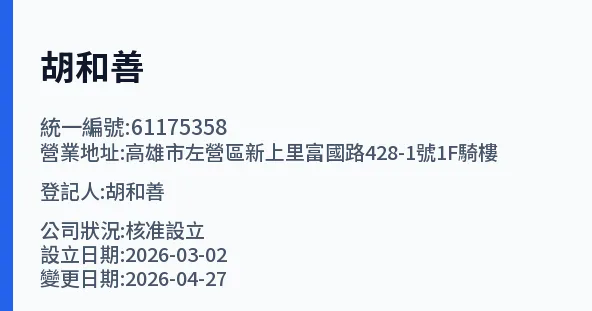 胡和善的照片-統編 61175358(高雄市) 公司登記資料與營業項目詳細圖表