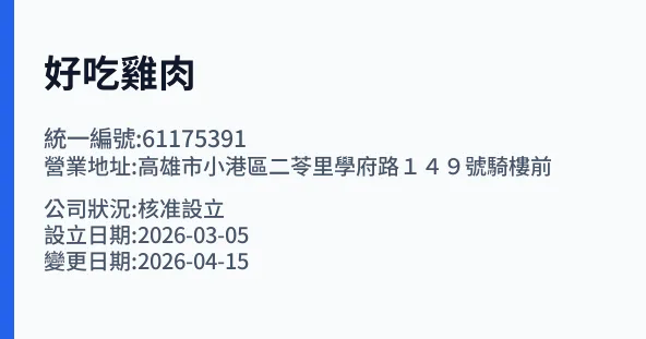 好吃雞肉的照片-統編 61175391(高雄市) 公司登記資料與營業項目詳細圖表
