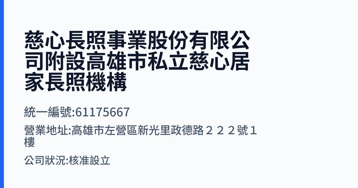 慈心長照事業股份有限公司附設高雄市私立慈心居家長照機構 - 統編 61175667(高雄市) 公司登記資料與營業項目詳細圖表