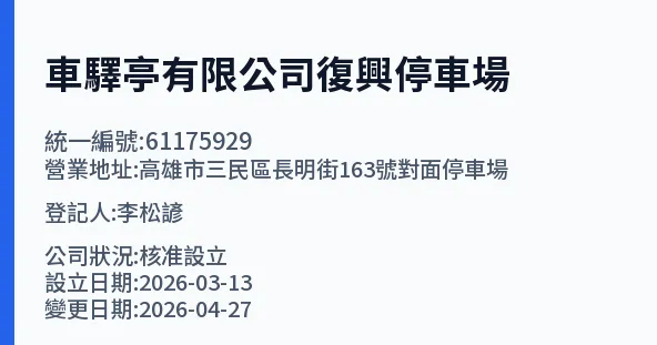 車驛亭有限公司復興停車場的照片-統編 61175929(高雄市) 公司登記資料與營業項目詳細圖表