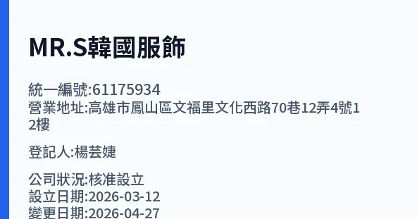 MR.S韓國服飾的照片-統編 61175934(高雄市) 公司登記資料與營業項目詳細圖表