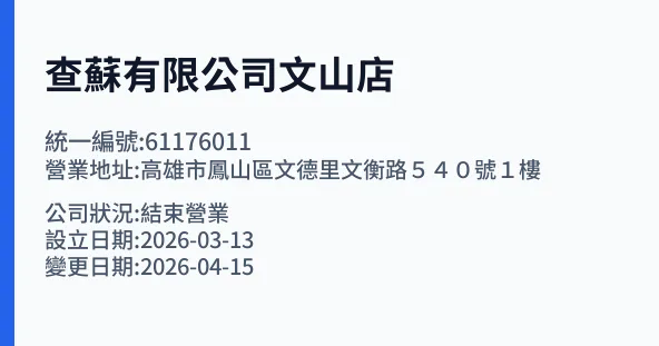 查蘇有限公司文山店的照片-統編 61176011(高雄市) 公司登記資料與營業項目詳細圖表