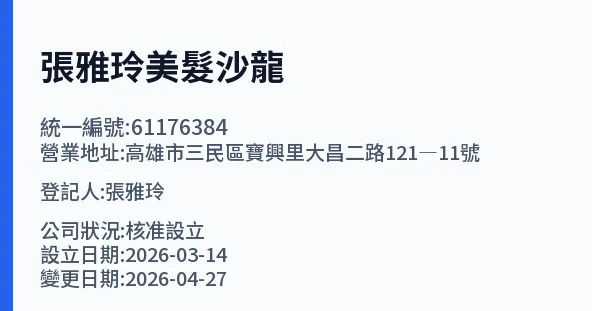 張雅玲美髮沙龍的照片-統編 61176384(高雄市) 公司登記資料與營業項目詳細圖表