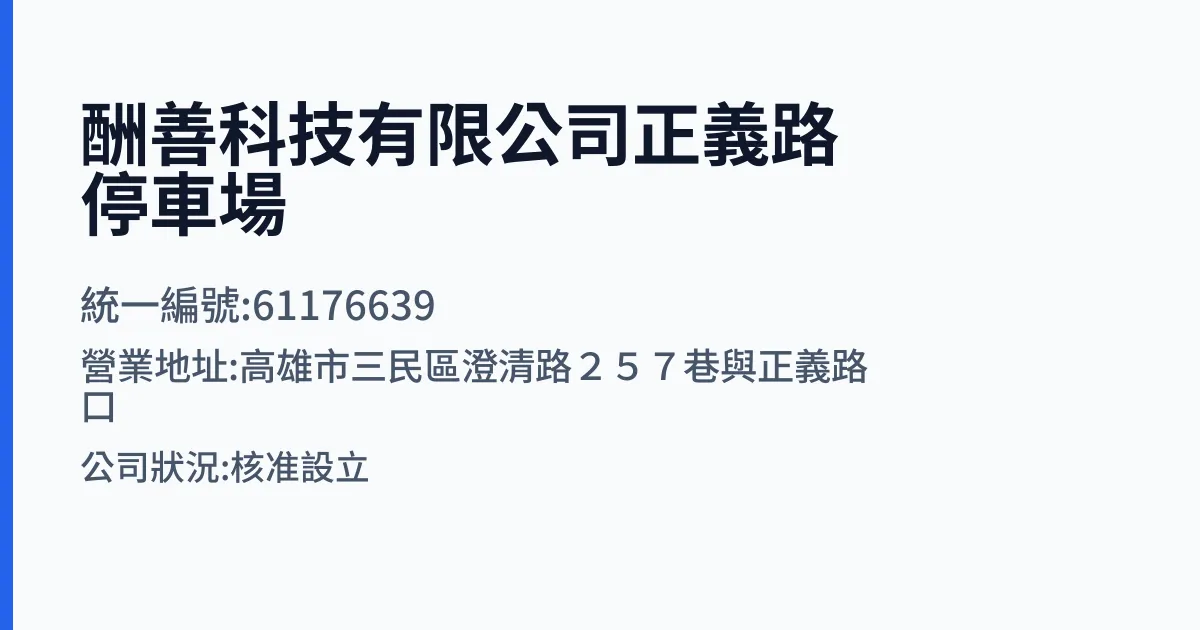酬善科技有限公司正義路停車場 - 統編 61176639(高雄市) 公司登記資料與營業項目詳細圖表
