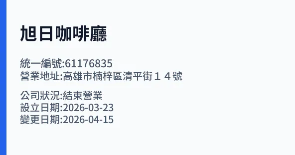 旭日咖啡廳的照片-統編 61176835(高雄市) 公司登記資料與營業項目詳細圖表