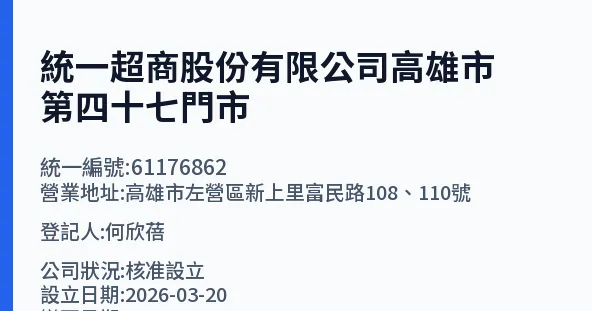 統一超商股份有限公司高雄市第四十七門市的照片-統編 61176862(高雄市) 公司登記資料與營業項目詳細圖表