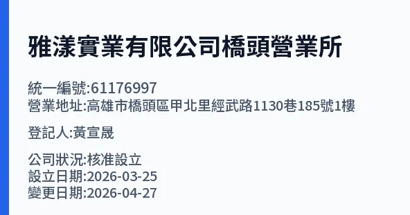 雅漾實業有限公司橋頭營業所的照片-統編 61176997(高雄市) 公司登記資料與營業項目詳細圖表