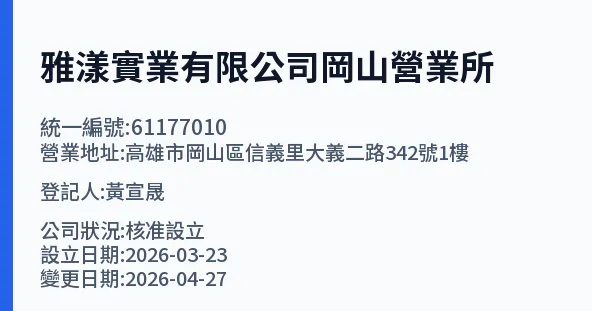 雅漾實業有限公司岡山營業所的照片-統編 61177010(高雄市) 公司登記資料與營業項目詳細圖表