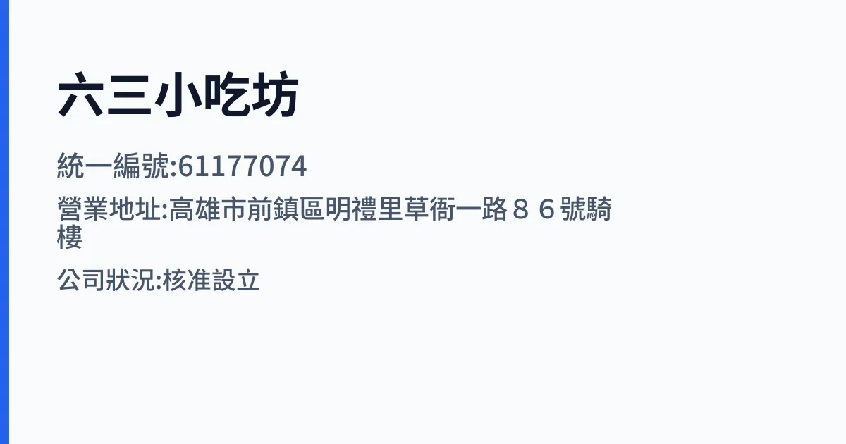 六三小吃坊 - 統編 61177074(高雄市) 公司登記資料與營業項目詳細圖表