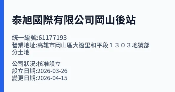 泰旭國際有限公司岡山後站的照片-統編 61177193(高雄市) 公司登記資料與營業項目詳細圖表