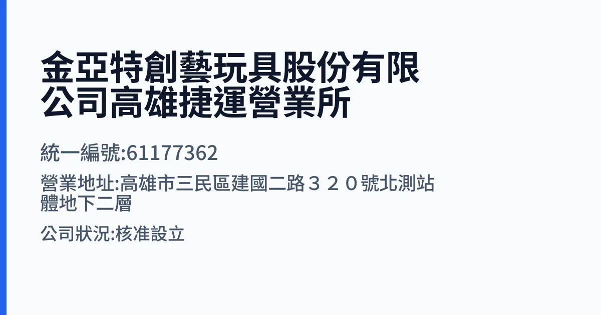金亞特創藝玩具股份有限公司高雄捷運營業所 - 統編 61177362(高雄市) 公司登記資料與營業項目詳細圖表