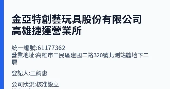 金亞特創藝玩具股份有限公司高雄捷運營業所的照片-統編 61177362(高雄市) 公司登記資料與營業項目詳細圖表