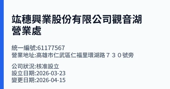 竑穗興業股份有限公司觀音湖營業處的照片-統編 61177567(高雄市) 公司登記資料與營業項目詳細圖表