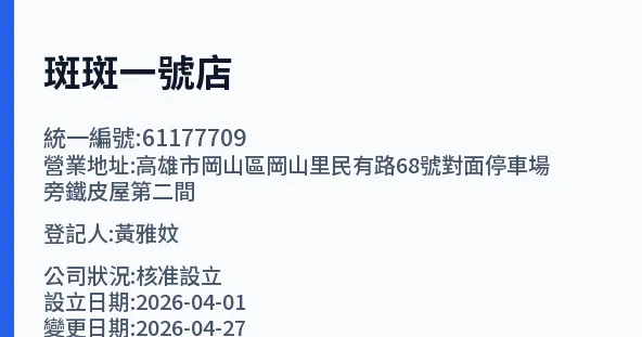斑斑一號店的照片-統編 61177709(高雄市) 公司登記資料與營業項目詳細圖表