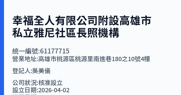幸福全人有限公司附設高雄市私立雅尼社區長照機構的照片-統編 61177715(高雄市) 公司登記資料與營業項目詳細圖表