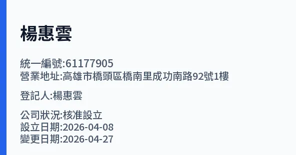 楊惠雲的照片-統編 61177905(高雄市) 公司登記資料與營業項目詳細圖表
