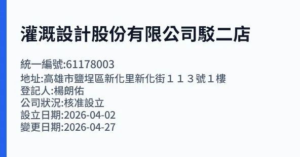 灌溉設計股份有限公司駁二店的照片-統編 61178003(高雄市) 公司登記資料與營業項目詳細圖表