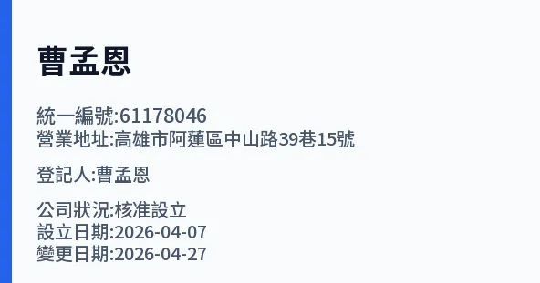 曹孟恩的照片-統編 61178046(高雄市) 公司登記資料與營業項目詳細圖表