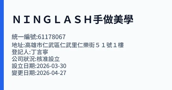 ＮＩＮＧＬＡＳＨ手做美學的照片-統編 61178067(高雄市) 公司登記資料與營業項目詳細圖表