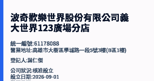 波奇歡樂世界股份有限公司義大世界123廣場分店的照片-統編 61178088(高雄市) 公司登記資料與營業項目詳細圖表