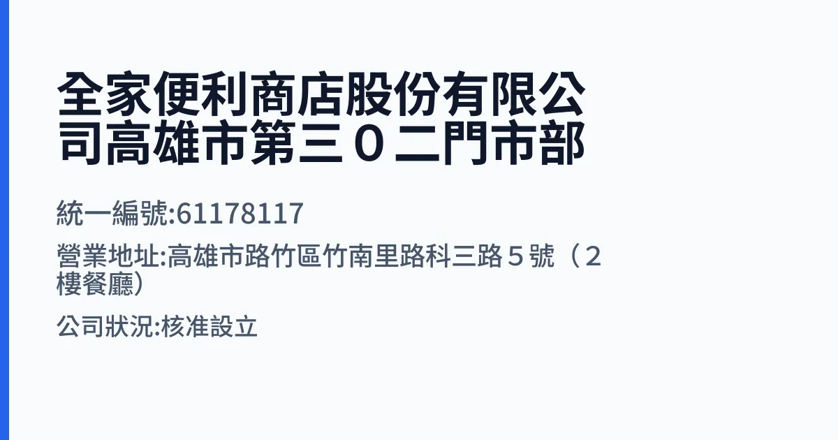 全家便利商店股份有限公司高雄市第三0二門市部 - 統編 61178117(高雄市) 公司登記資料與營業項目詳細圖表
