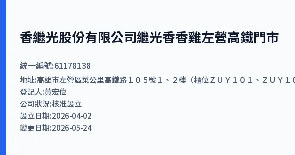 香繼光股份有限公司繼光香香雞左營高鐵門市的照片-統編 61178138(高雄市) 公司登記資料與營業項目詳細圖表