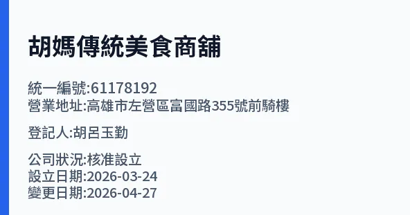 胡媽傳統美食商舖的照片-統編 61178192(高雄市) 公司登記資料與營業項目詳細圖表