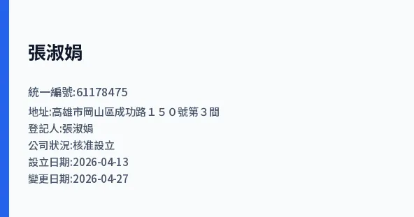 張淑娟的照片-統編 61178475(高雄市) 公司登記資料與營業項目詳細圖表