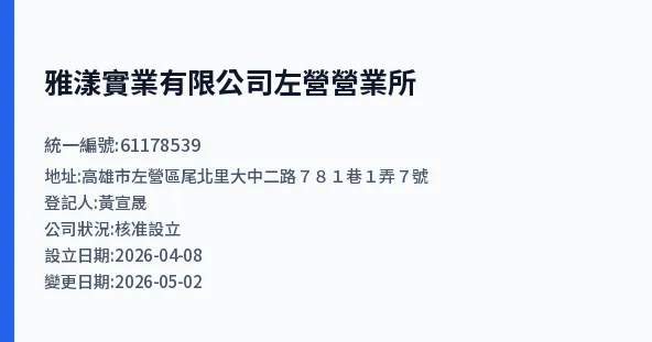 雅漾實業有限公司左營營業所的照片-統編 61178539(高雄市) 公司登記資料與營業項目詳細圖表