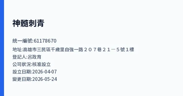 神髓刺青的照片-統編 61178670(高雄市) 公司登記資料與營業項目詳細圖表