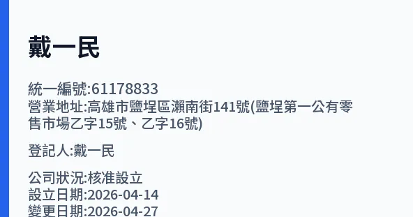 戴一民的照片-統編 61178833(高雄市) 公司登記資料與營業項目詳細圖表