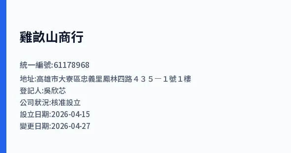 雞畝山商行的照片-統編 61178968(高雄市) 公司登記資料與營業項目詳細圖表