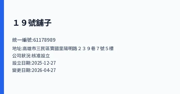 19號舖子的照片-統編 61178989(高雄市) 公司登記資料與營業項目詳細圖表