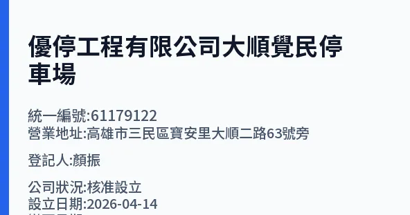 優停工程有限公司大順覺民停車場的照片-統編 61179122(高雄市) 公司登記資料與營業項目詳細圖表