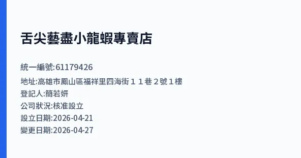 舌尖藝盡小龍蝦專賣店的照片-統編 61179426(高雄市) 公司登記資料與營業項目詳細圖表