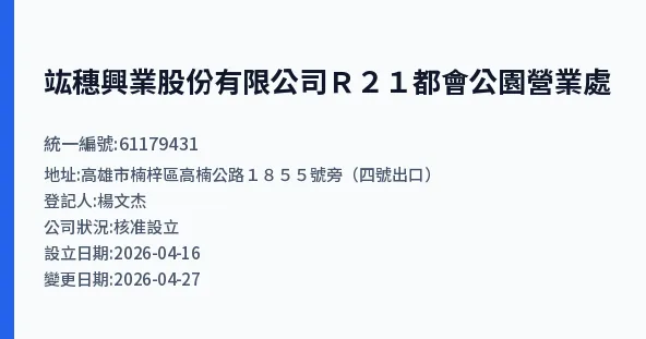 竑穗興業股份有限公司R21都會公園營業處的照片-統編 61179431(高雄市) 公司登記資料與營業項目詳細圖表