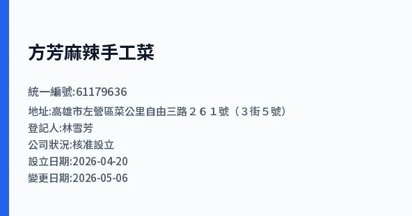 方芳麻辣手工菜的照片-統編 61179636(高雄市) 公司登記資料與營業項目詳細圖表