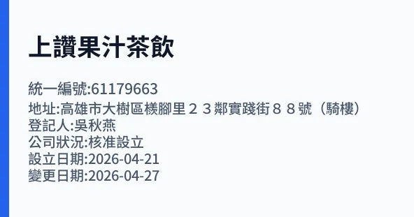 上讚果汁茶飲的照片-統編 61179663(高雄市) 公司登記資料與營業項目詳細圖表