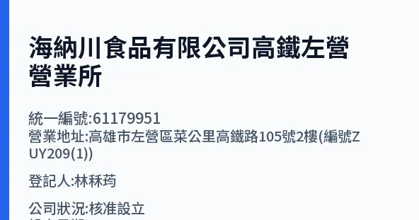 海納川食品有限公司高鐵左營營業所的照片-統編 61179951(高雄市) 公司登記資料與營業項目詳細圖表