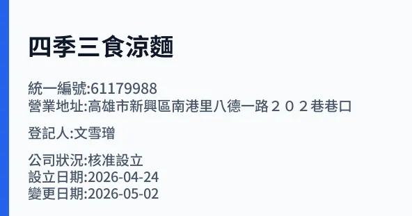 四季三食涼麵的照片-統編 61179988(高雄市) 公司登記資料與營業項目詳細圖表