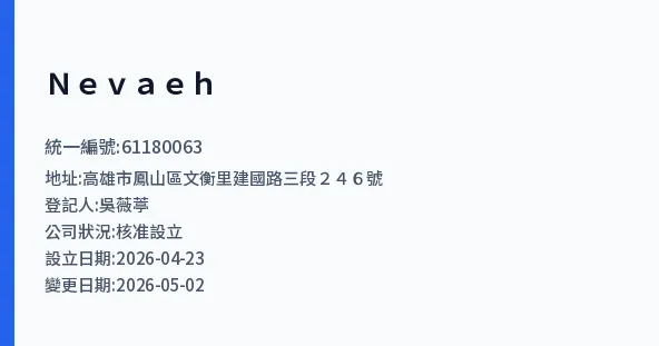 Nevaeh的照片-統編 61180063(高雄市) 公司登記資料與營業項目詳細圖表