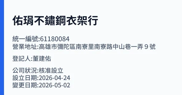 佑琄不鏽鋼衣架行的照片-統編 61180084(高雄市) 公司登記資料與營業項目詳細圖表