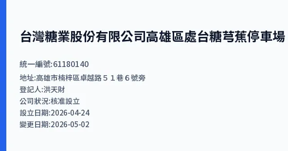 台灣糖業股份有限公司高雄區處台糖芎蕉停車場的照片-統編 61180140(高雄市) 公司登記資料與營業項目詳細圖表